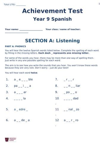 Y9/GCSE(F) SPANISH ASSESSMENT WITH MS&TRANSCRIPT | Teaching Resources