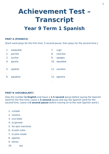Y9/GCSE(F) SPANISH ASSESSMENT WITH MS&TRANSCRIPT | Teaching Resources
