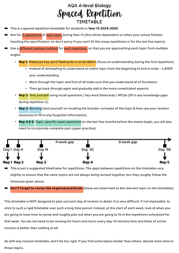 Spaced Repetition Revision Timetable AQA A-level Biology Year 13 2024 ...