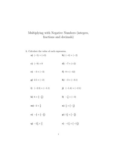 Multiplying with Negative Numbers (integers, fractions and decimals ...
