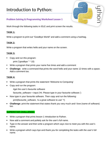 Introduction to Python worksheet | Teaching Resources Introduction to Python worksheet | Teaching Resources
