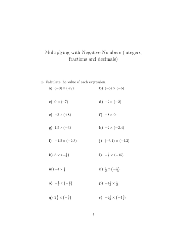 Multiplying with Negative Numbers (integers, fractions and decimals ...
