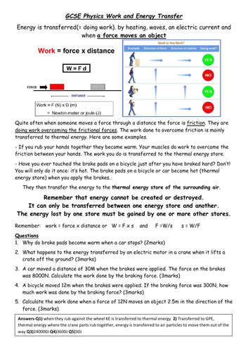 GCSE Physics Work and Energy Transfer 3 | Teaching Resources