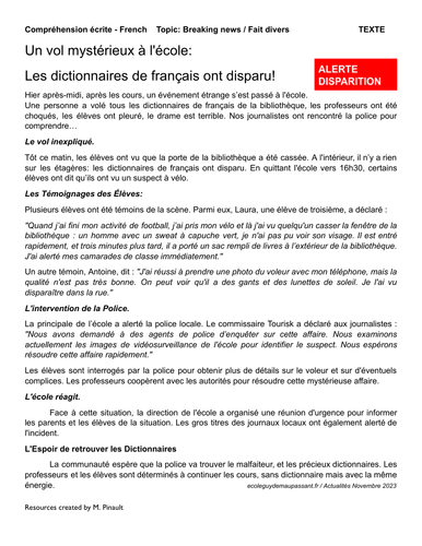 French reading - Topic breaking news | Teaching Resources