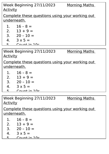 Maths Morning activities | Teaching Resources