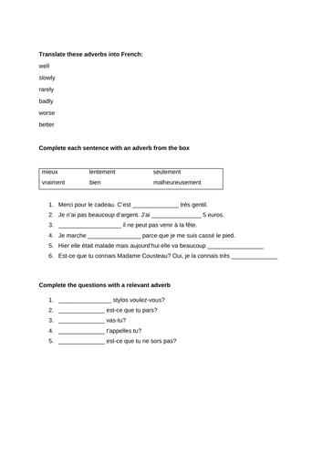 French GCSE Adverbs | Teaching Resources