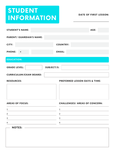 Tutor Resources: Student Information Sheet/Registration Form | Teaching ...