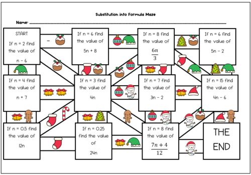 Navigate The Christmas Math Maze: Substitution into Formula For Festive ...