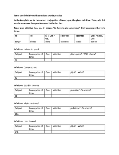 Tener que infinitive with questions words practice | Teaching Resources