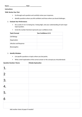 Science exam/test reflection sheet | Teaching Resources