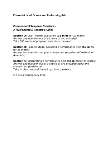 A Level Drama and Theatre - Component 3 Exam Structures - Section A ...