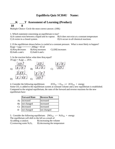 3 EQUILIBRIA QUIZZES Grade 12 Chemistry SCH4U Equilibrium Quizzes WITH ...