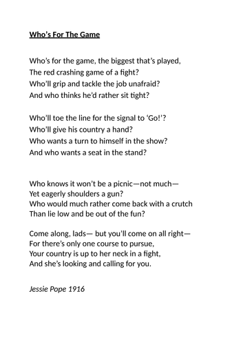 Who's For The Game | Teaching Resources