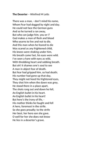 War Poetry The Deserter | Teaching Resources