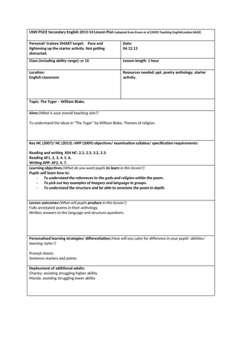 The Tyger William Blake | Teaching Resources