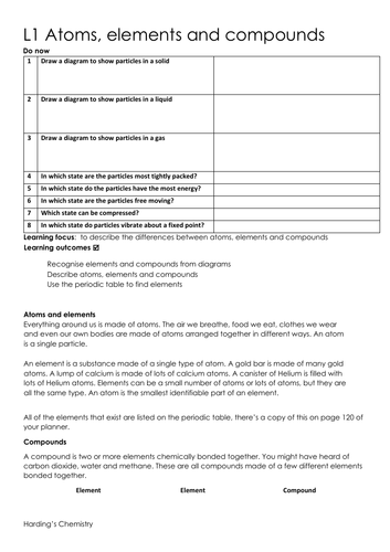 Atoms elements and compounds year 7 chemistry KS3 | Teaching Resources