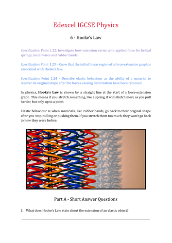 Edexcel IGCSE Physics Lesson 6 - Hooke's Law | Teaching Resources