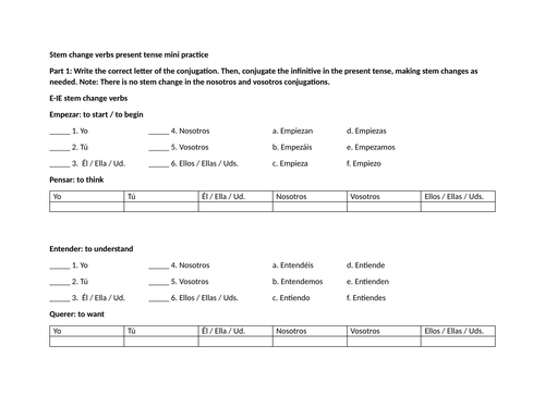 Stem change verbs present tense mini practice | Teaching Resources