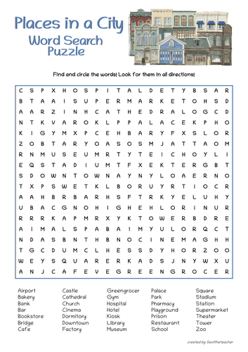 Places in a City, Word Search Puzzle | Teaching Resources