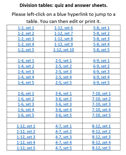 60 division tables worksheets with answers | Teaching Resources