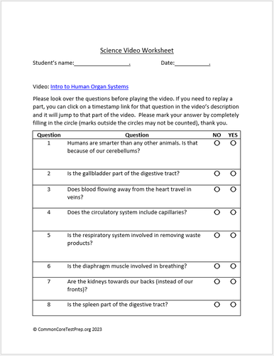 Intro to Organ Systems. Video worksheet | Teaching Resources