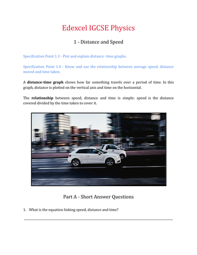 Edexcel IGCSE Physics Worksheets Chapter 1 - Forces and Motion | Teaching Resources