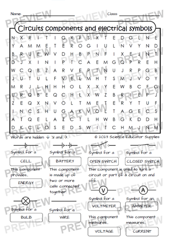 Circuit components & electrical symbols word search | Teaching Resources