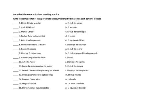 Las actividades extracurriculares matching practice | Teaching Resources