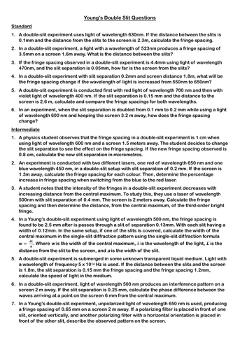 A-Level Waves - 20 Young's Double Slit Calculations | Teaching Resources