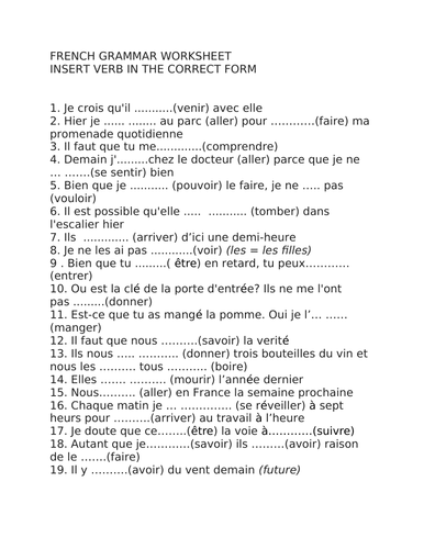 A level French grammar worksheet; conjugation of verbs | Teaching Resources