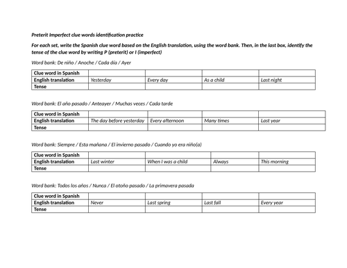 Preterit Imperfect clue words identification practice | Teaching Resources