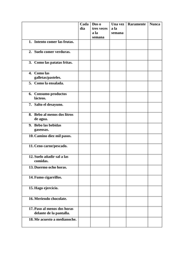 Spanish Healthy Lifestyles Questionnaire | Teaching Resources