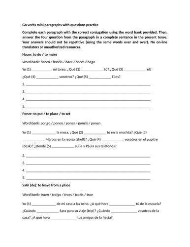 Go verbs mini paragraphs with questions practice | Teaching Resources