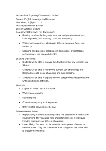 Holes - Character Traits Lesson Plan | Teaching Resources