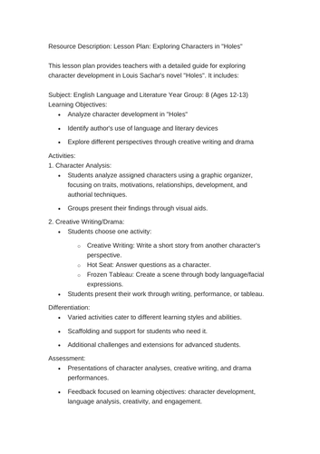 Holes - Character Traits Lesson Plan | Teaching Resources Holes - Character Traits Lesson Plan | Teaching Resources