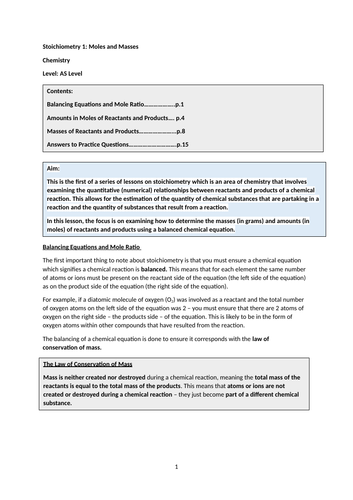 Stoichiometry 1: Moles and Masses | Teaching Resources