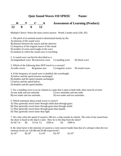 Air Columns Quiz and SOUND WAVES QUIZ Grade 11 Physics SPH3U Quiz WITH ...