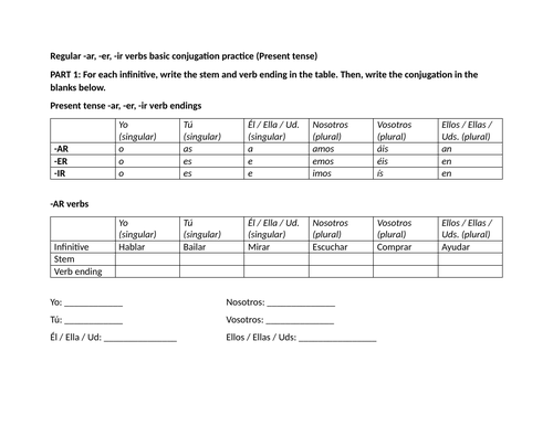 Regular -ar, -er, -ir verbs basic conjugation practice | Teaching Resources