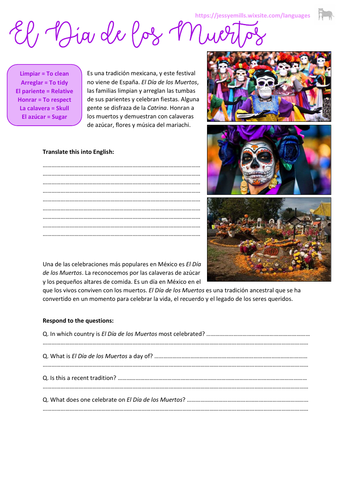 Spanish Worksheet - El día de los muertos | Teaching Resources