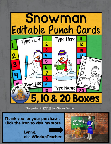 Behavior Reward Punch Cards - EDITABLE - Snowman Reading Writing Winter ...
