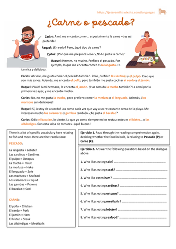Spanish Reading Comprehension - Food | Teaching Resources