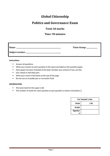 Politics and Governance Practice Exam & Mark Scheme – IGCSE Global ...