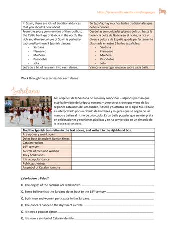 Spanish Worksheet - Dance | Teaching Resources