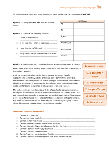 Spanish Worksheet - Verb "Escuchar" | Teaching Resources