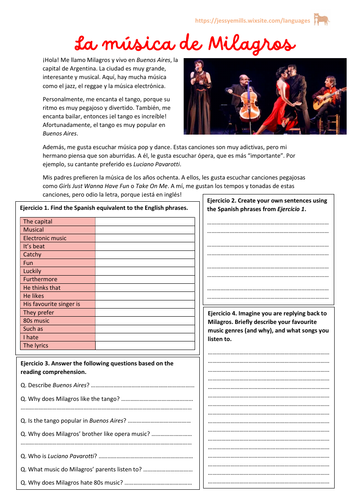 Spanish Reading Comprehension - Music | Teaching Resources