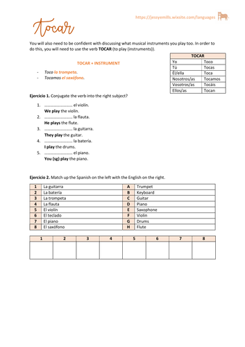 Spanish Grammar - Verb "Tocar" | Teaching Resources