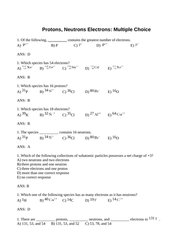 Protons Neutrons Electrons ATOMIC STRUCTURE Power Point and Multiple ...