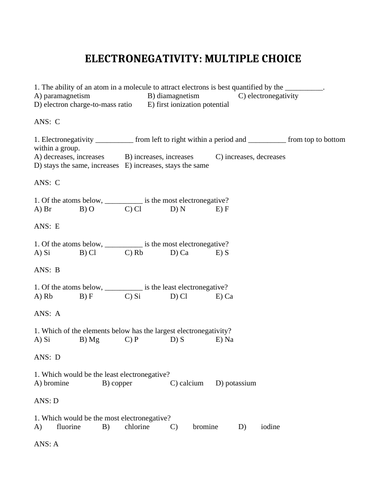 ELECTRON AFFINITY, ELECTRONEGATIVITY MULTIPLE CHOICE Grade 11 Chemistry ...