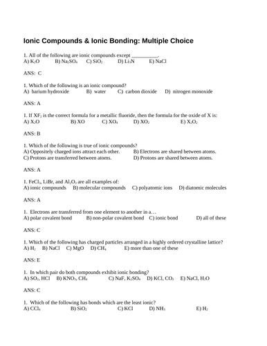 MATTER AND BONDING UNIT MULTIPLE CHOICE Grade 11 Chemistry WITH ANSWERS ...