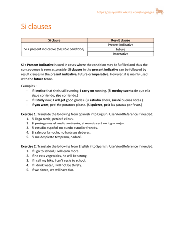 Spanish Grammar - Si clauses | Teaching Resources